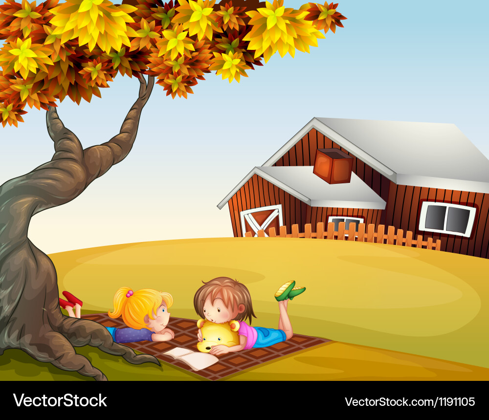 Kids reading under a big tree Royalty Free Vector Image
