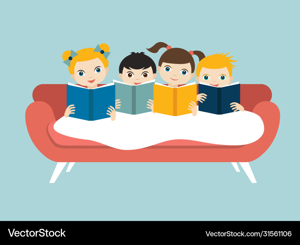 Little cute group three children reading Vector Image