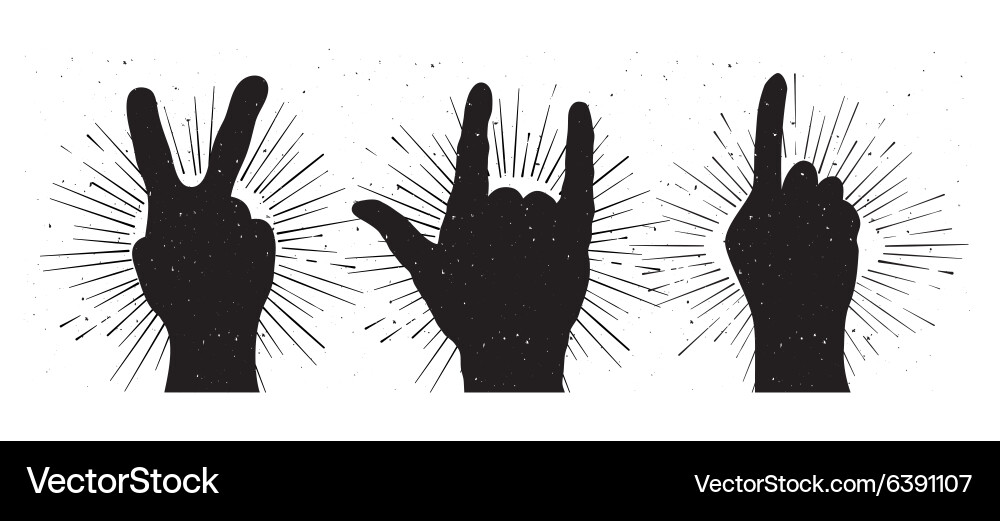 Grunge Hand Signs - Peace, Rock & Indication Vector Image