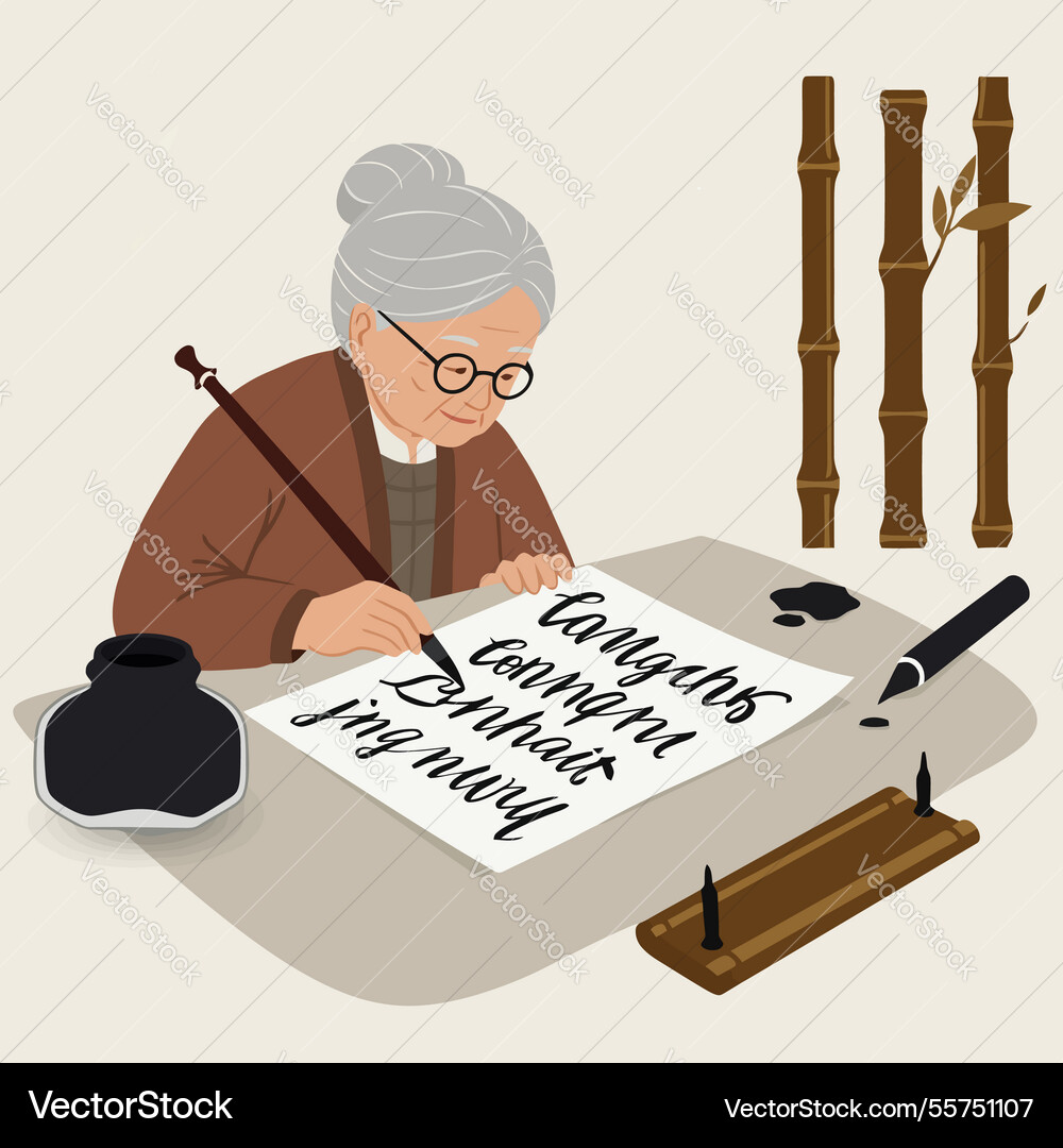 Senior woman practicing calligraphy with brush Vector Image