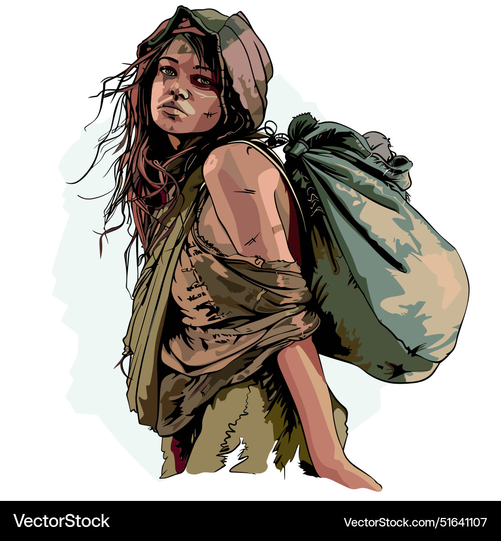 Young female wanderer carrying sack over shoulder Vector Image