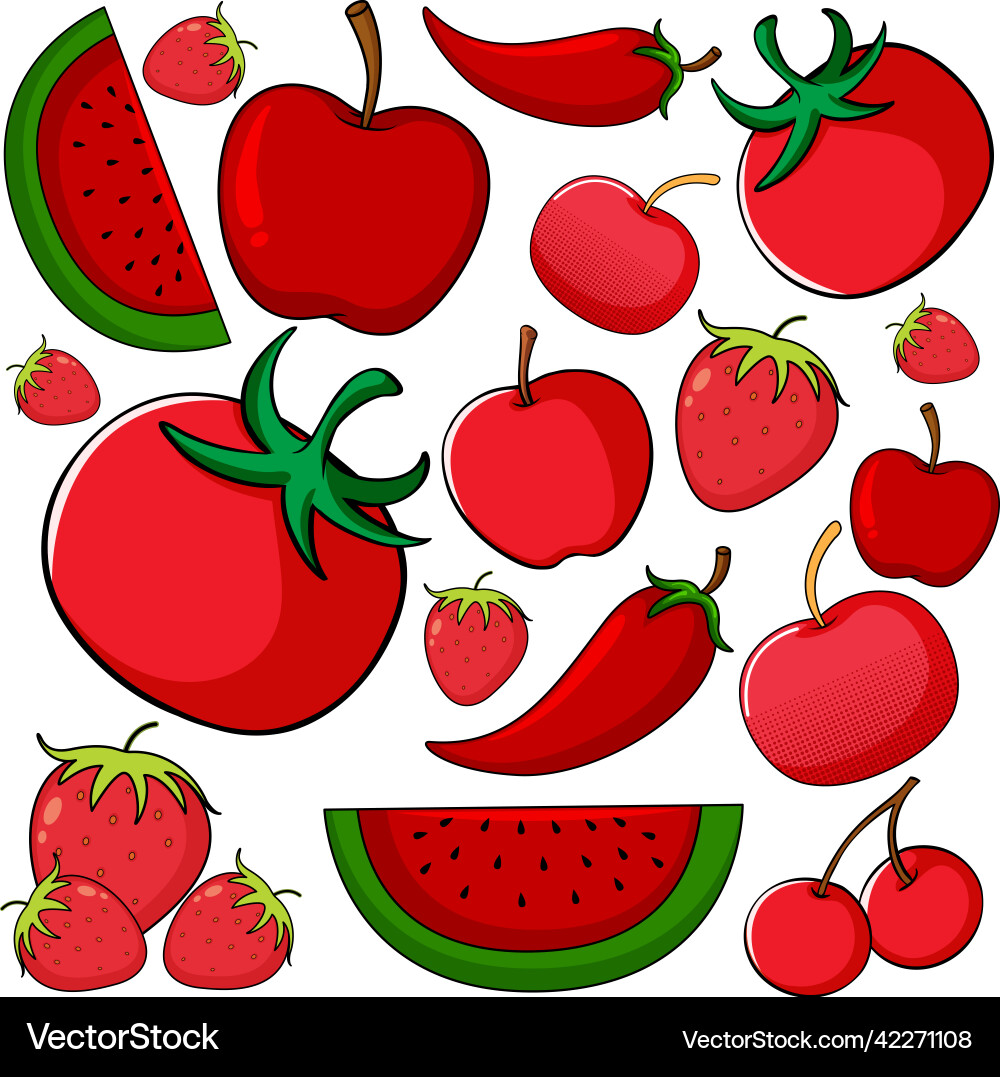 Fruits and vegetables in red color Royalty Free Vector Image