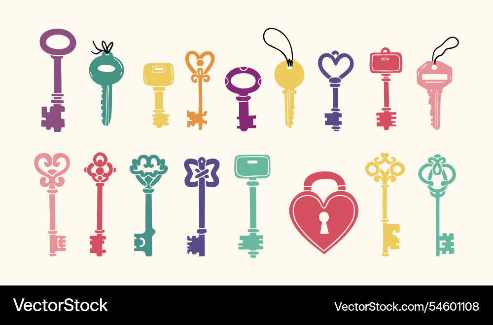 Hand drawn colored keys doodle various Royalty Free Vector