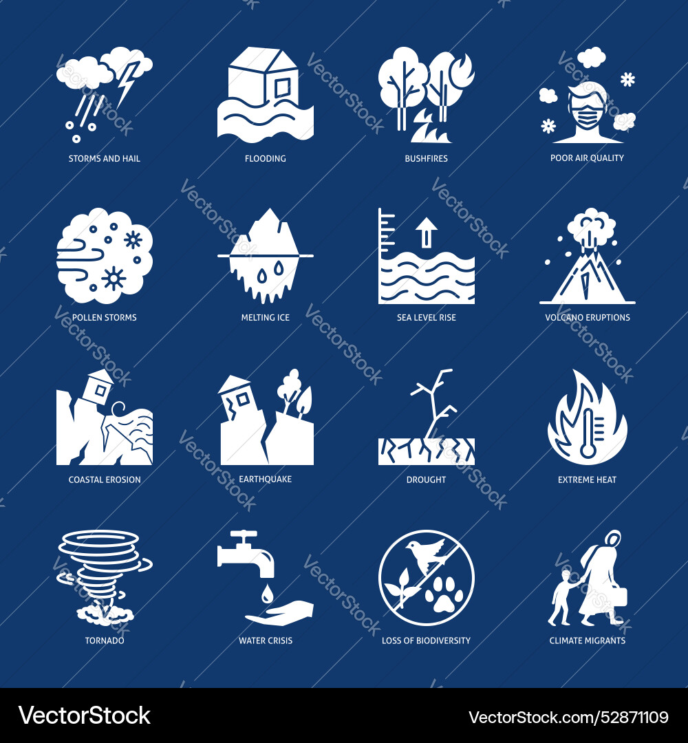 Effects of climate change icon set Royalty Free Vector Image