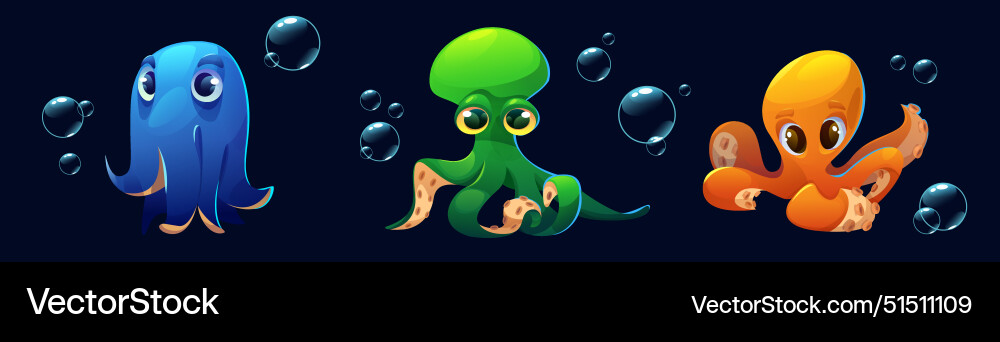 Octopus characters set isolated on black Vector Image