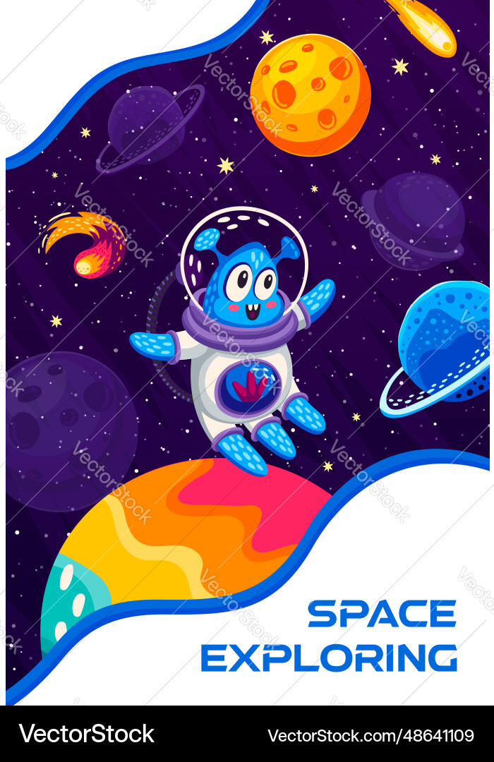 Space exploring poster cartoon alien character Vector Image