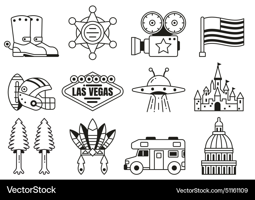 Usa icons and design elements in line art Vector Image