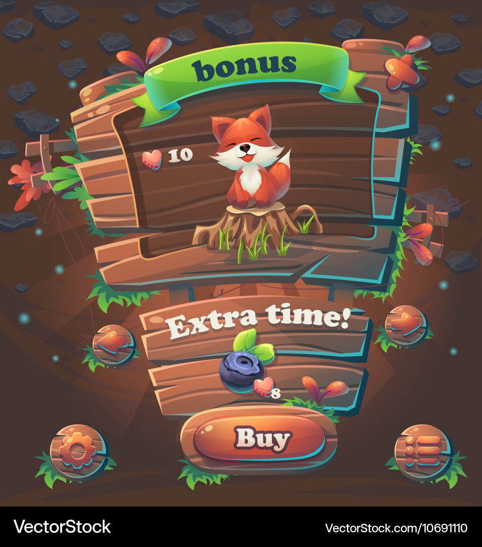 Wooden game user interface bonus window Royalty Free Vector