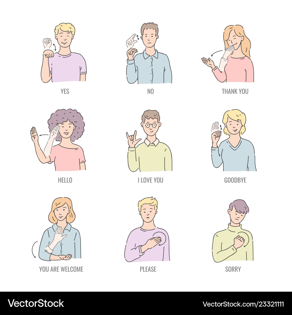 Deaf english basic words in line art isolated Vector Image