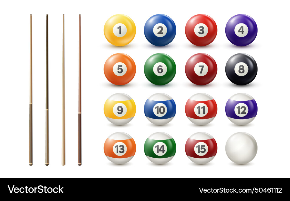Billiard pool balls with numbers and cues Vector Image