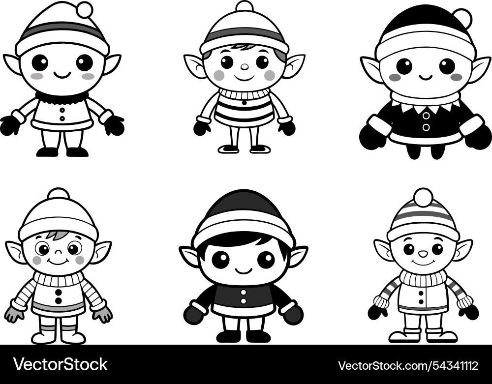 Line art set of elf character Royalty Free Vector Image