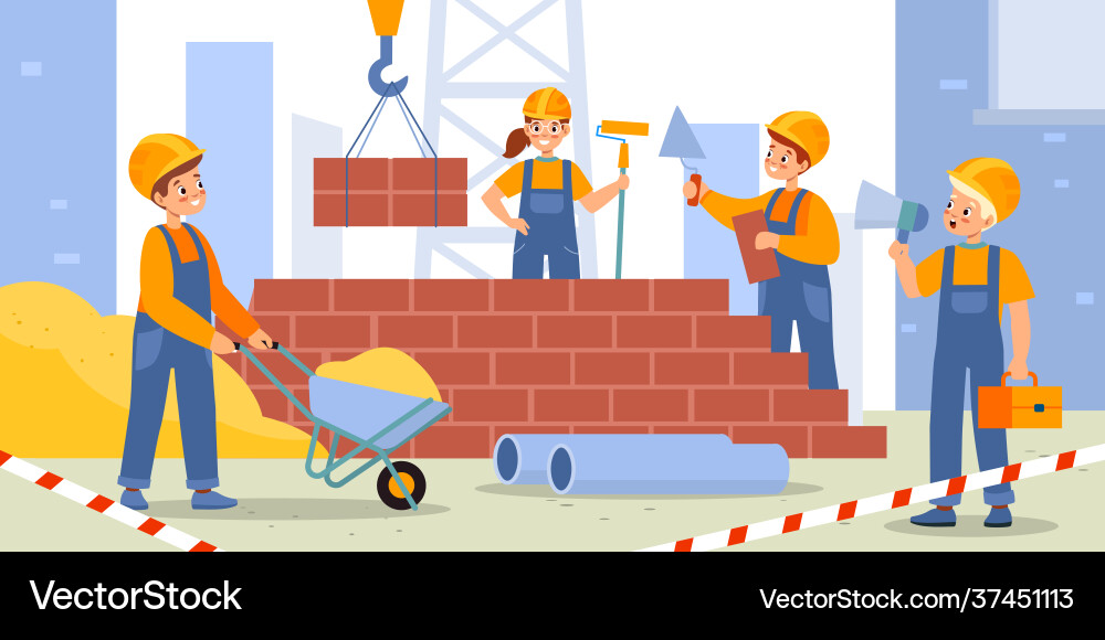 Children build house kids construction site Vector Image