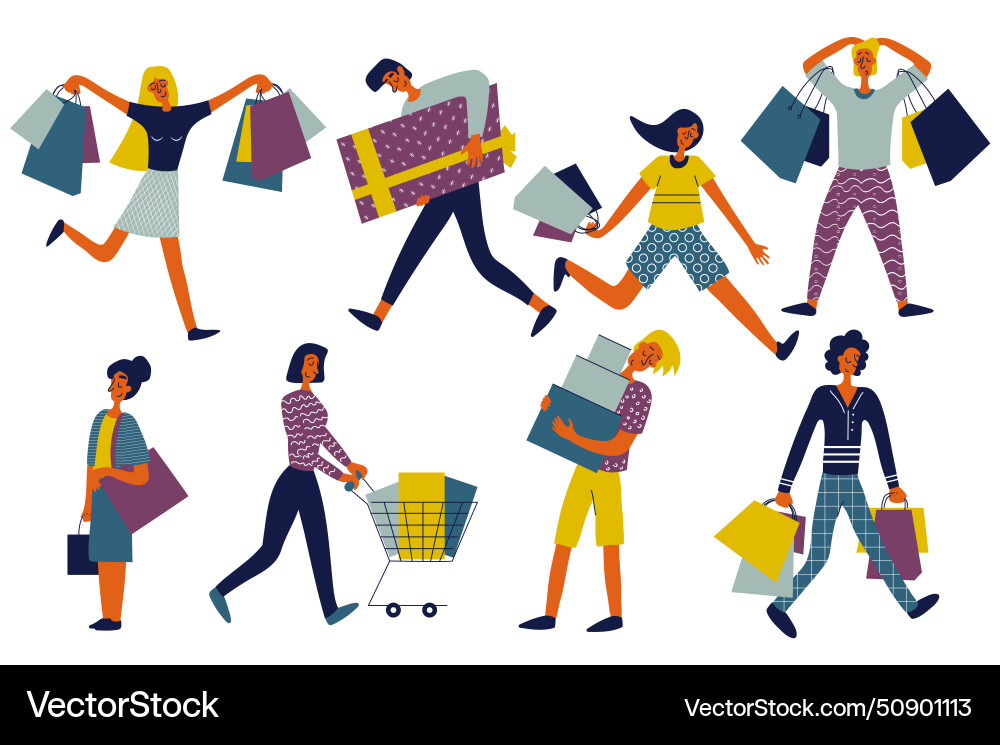 People shopping set in flat character design Vector Image
