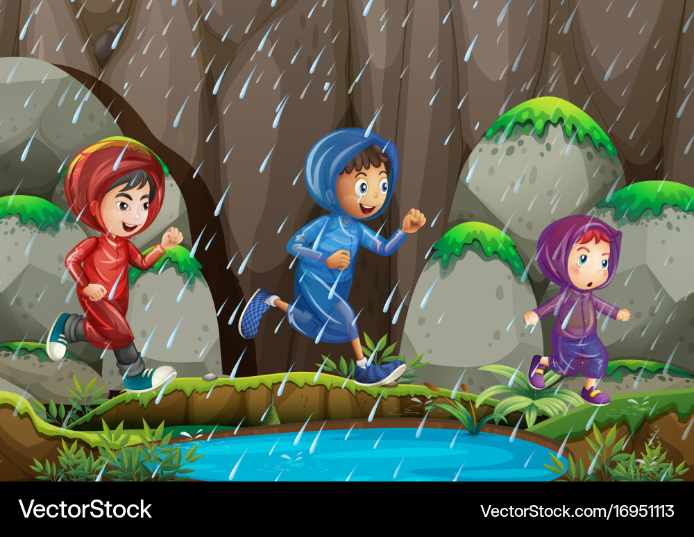 Three kids in the rain Royalty Free Vector Image