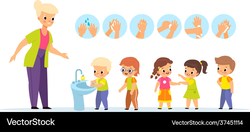 Washing hands teach children characters Royalty Free Vector