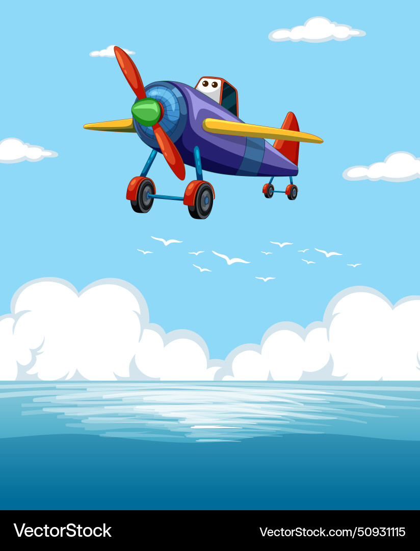 Animated plane flying above reflective water Vector Image