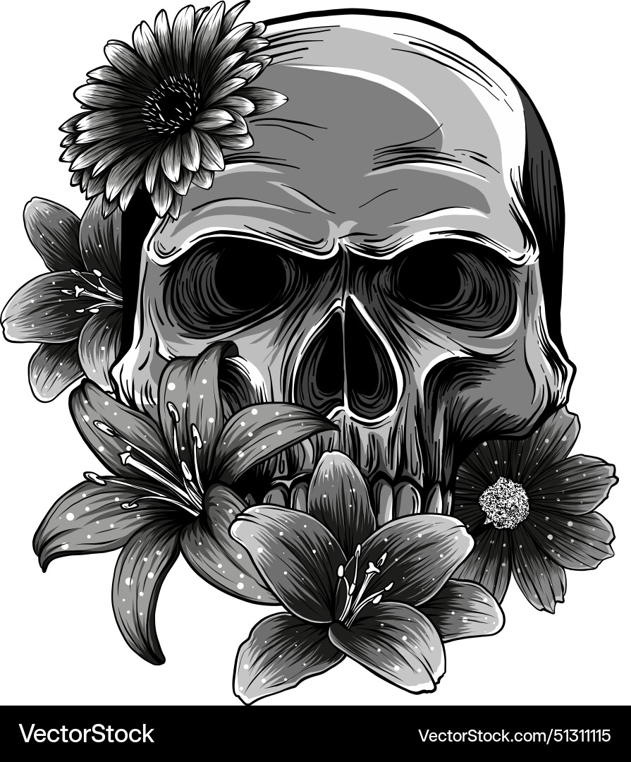 Monochrome leaning skull flowers Royalty Free Vector Image