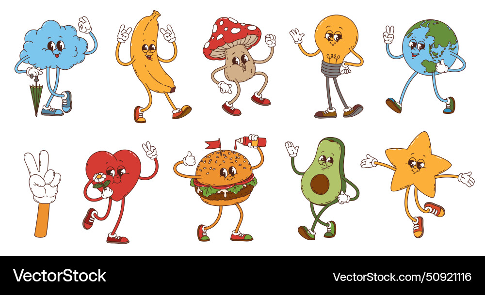 Cartoon retro groovy funky characters set Vector Image