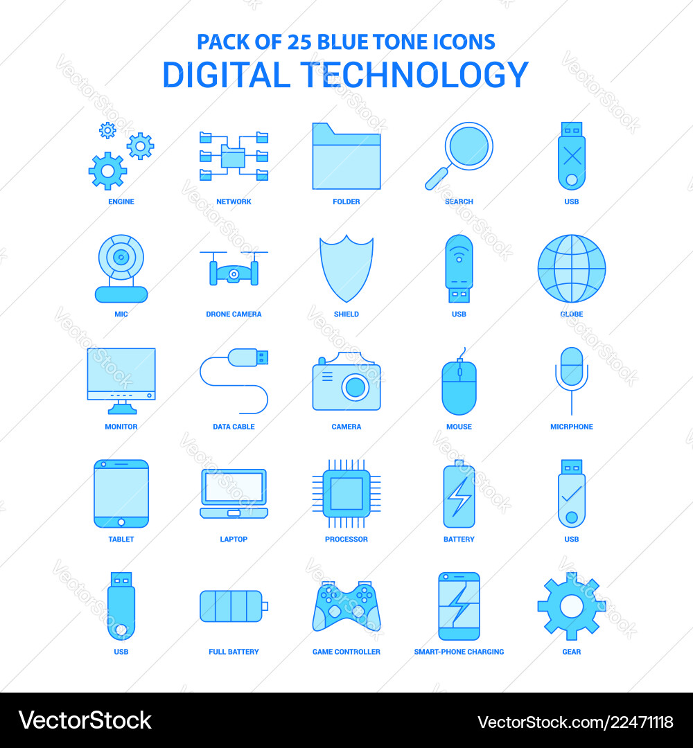Digital technology blue tone icon pack - 25 Vector Image