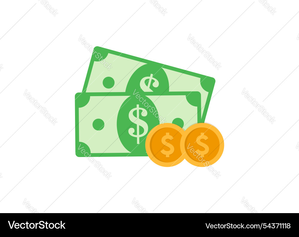 Green dollar bills and coins icon Royalty Free Vector Image