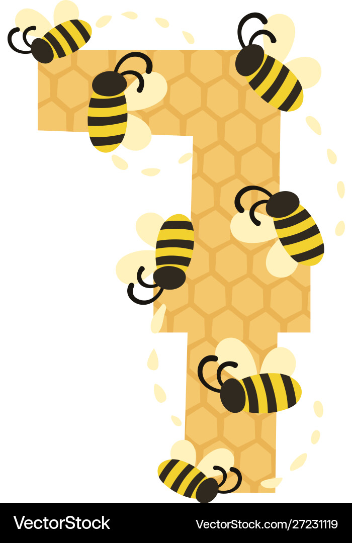 Number 7 and seven bees Royalty Free Vector Image