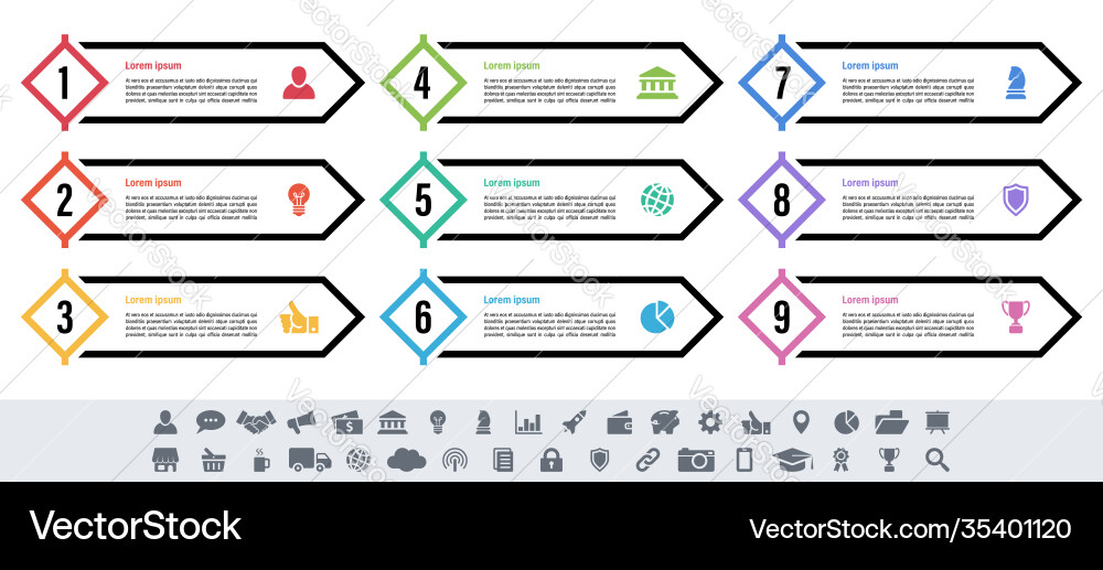 Business Workflow Diagram - 9 Steps Royalty Free Vector