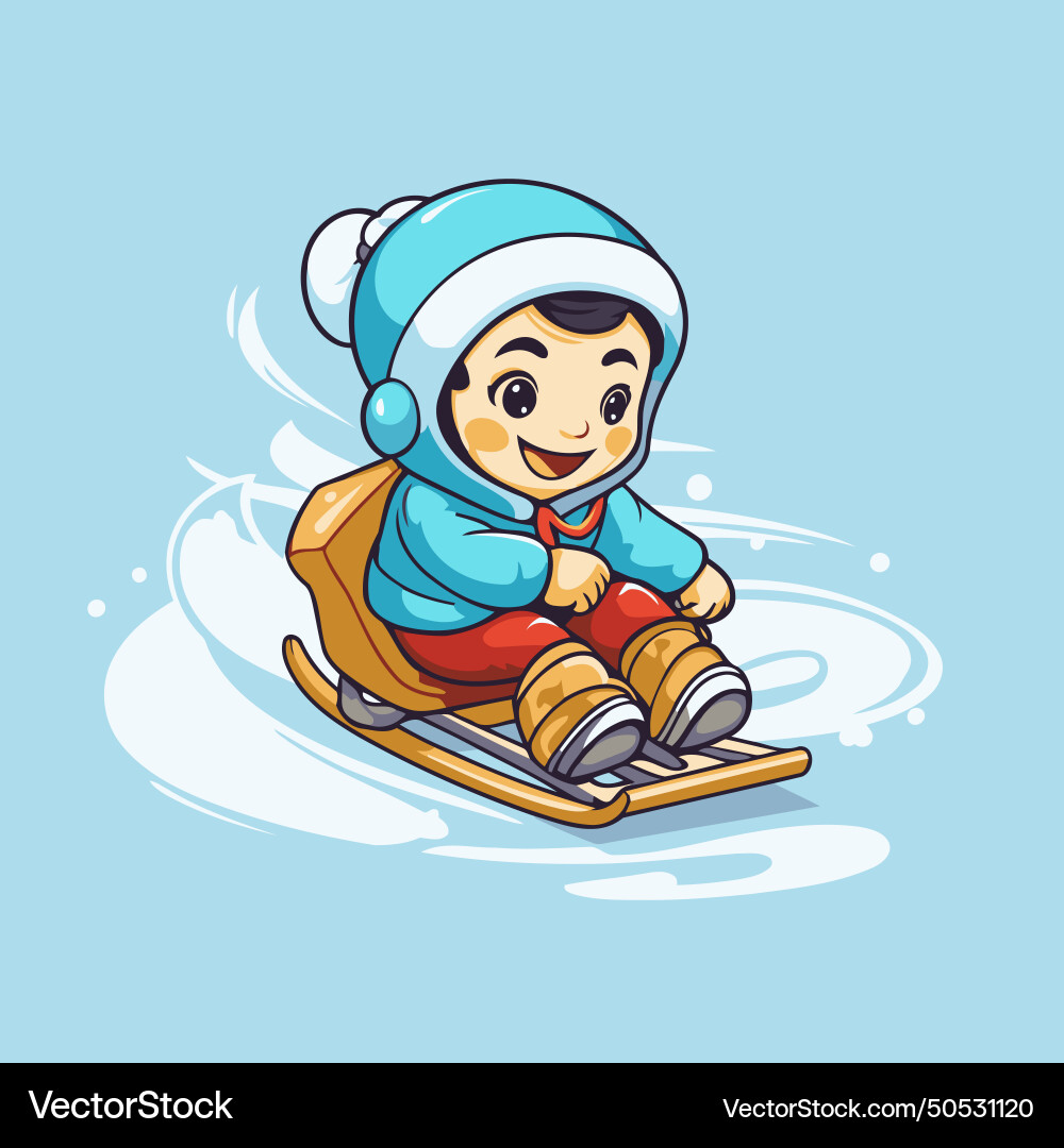 Cartoon little boy sliding on a sledge Royalty Free Vector