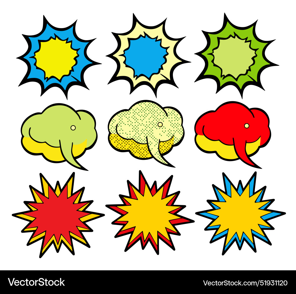 Nine various comic style speech bubbles exploding Vector Image