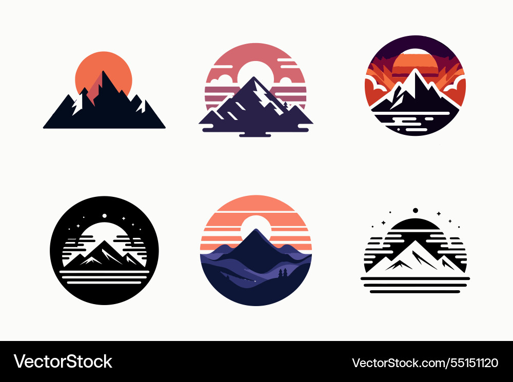 Six stylized mountain landscape designs Royalty Free Vector