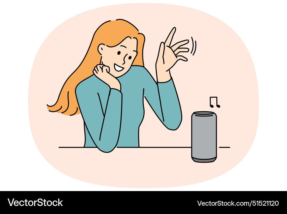 Woman uses wireless speaker with voice control Vector Image