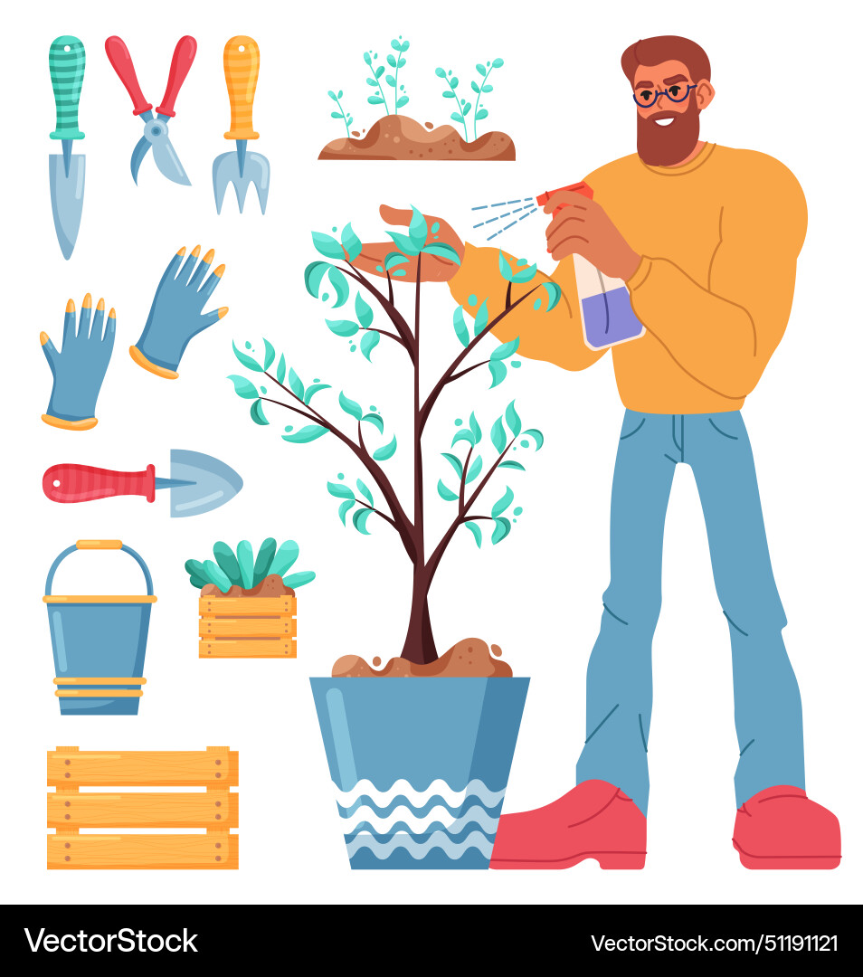 Gardener hobby farmer craft man growing tree Vector Image