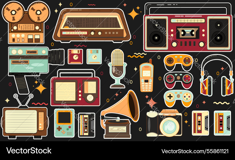 Set of retro elements stickers with gadgets Vector Image