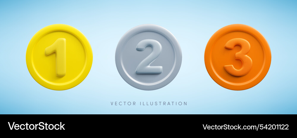 Cartoon 3d medal with numbers realistic icon set Vector Image