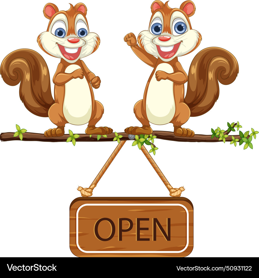 Two happy squirrels holding an open sign Vector Image