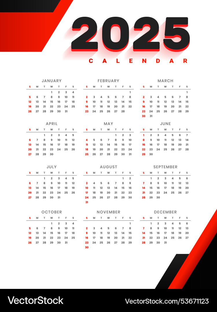 White red 2025 new year calendar template Vector Image