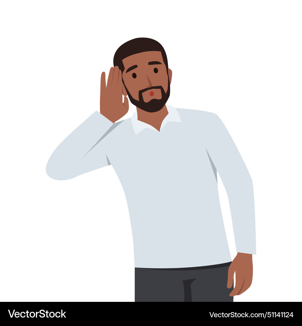 Young man holding hand near ear speaking Vector Image