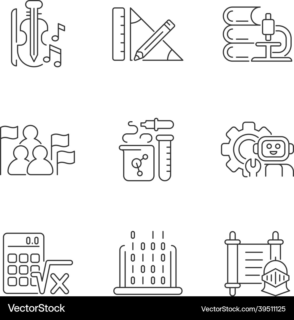 Different types of school subjects linear icons Vector Image