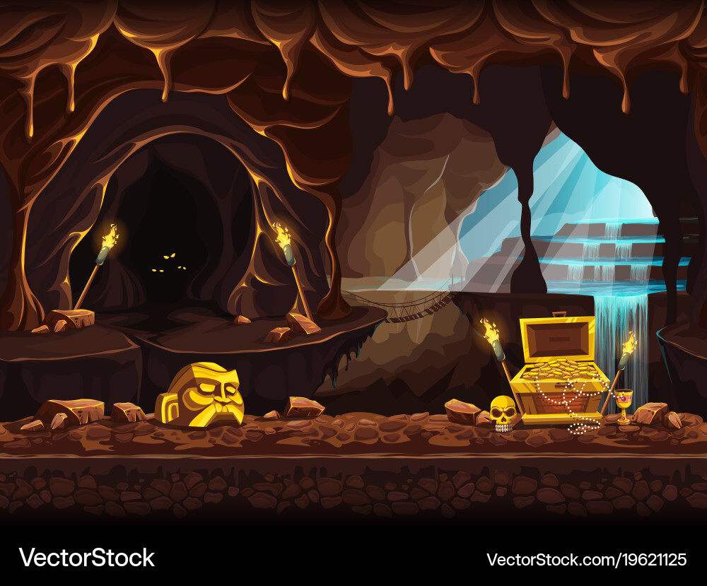 Treasure cave with a waterfall Royalty Free Vector Image