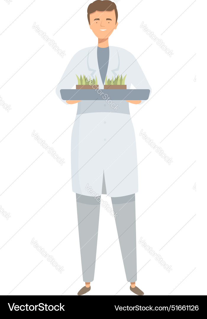 Agronomist holding tray with plants smiling Vector Image