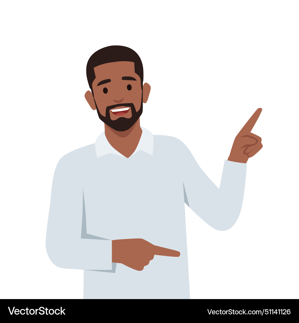 Young man pointing away hands together Royalty Free Vector