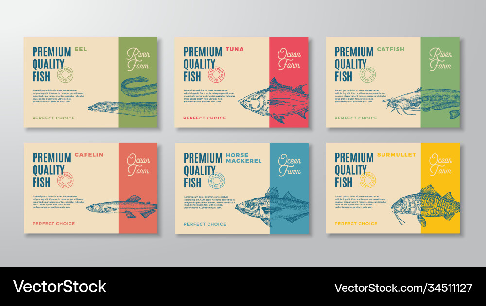 Fisch Etiketten setzen abstrakte Verpackung Design