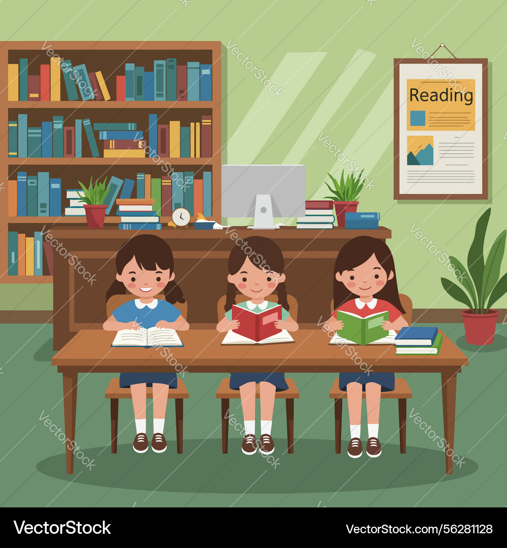 Girls Reading Books in Library Royalty Free Vector Image