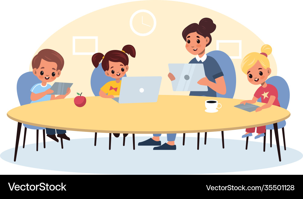 Kids and Teacher Using Technology for Learning Vector Image