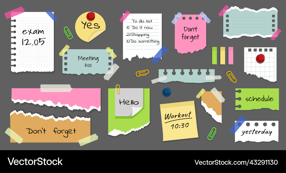Paper sticky notes memo board with notepad tapes Vector Image