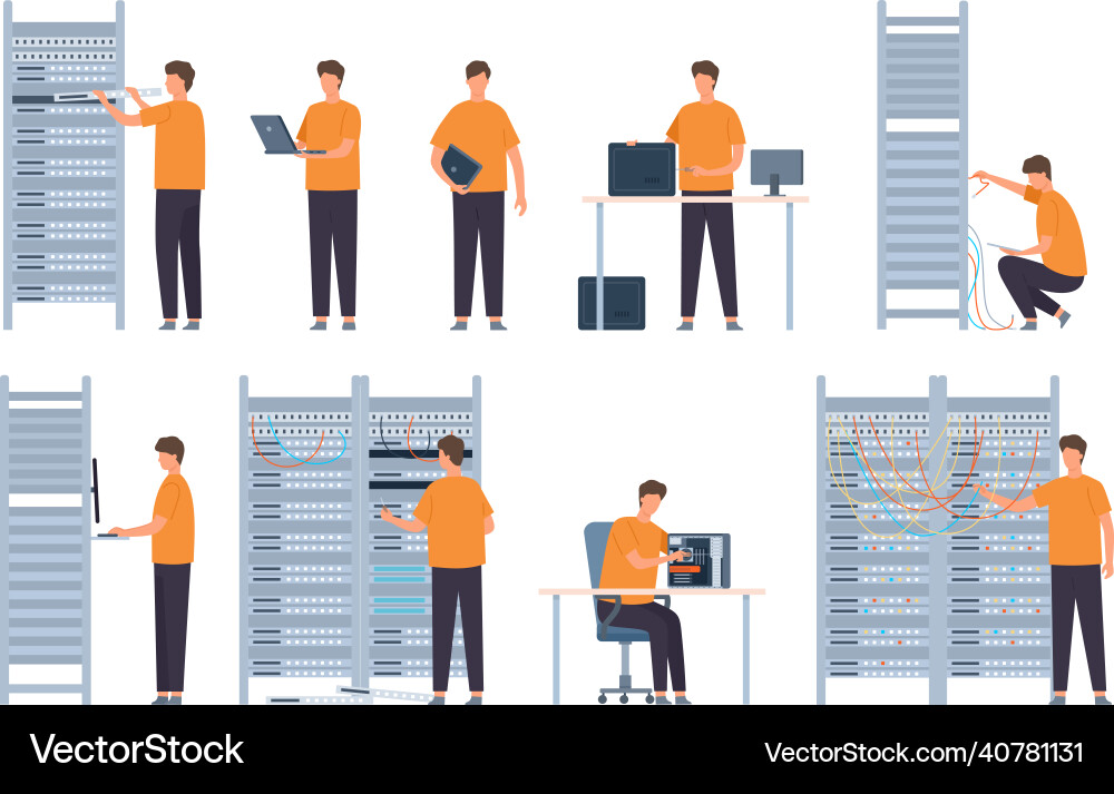 Flat server and computer repairman technicians Vector Image