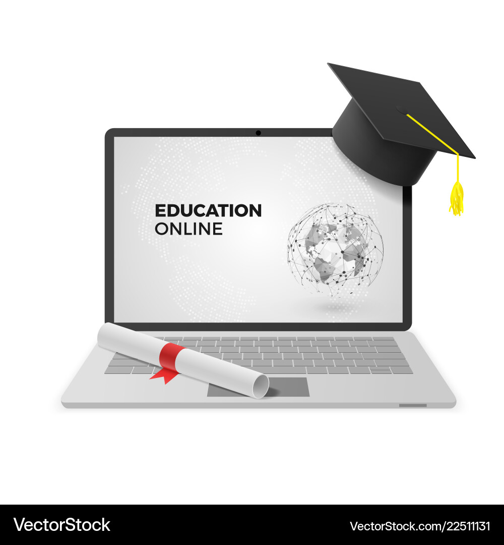Online Education - Laptop & Graduation Cap Vector Image