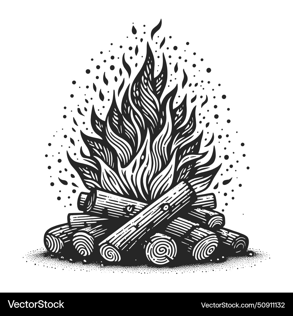 Campfire with roaring flames engraving Royalty Free Vector