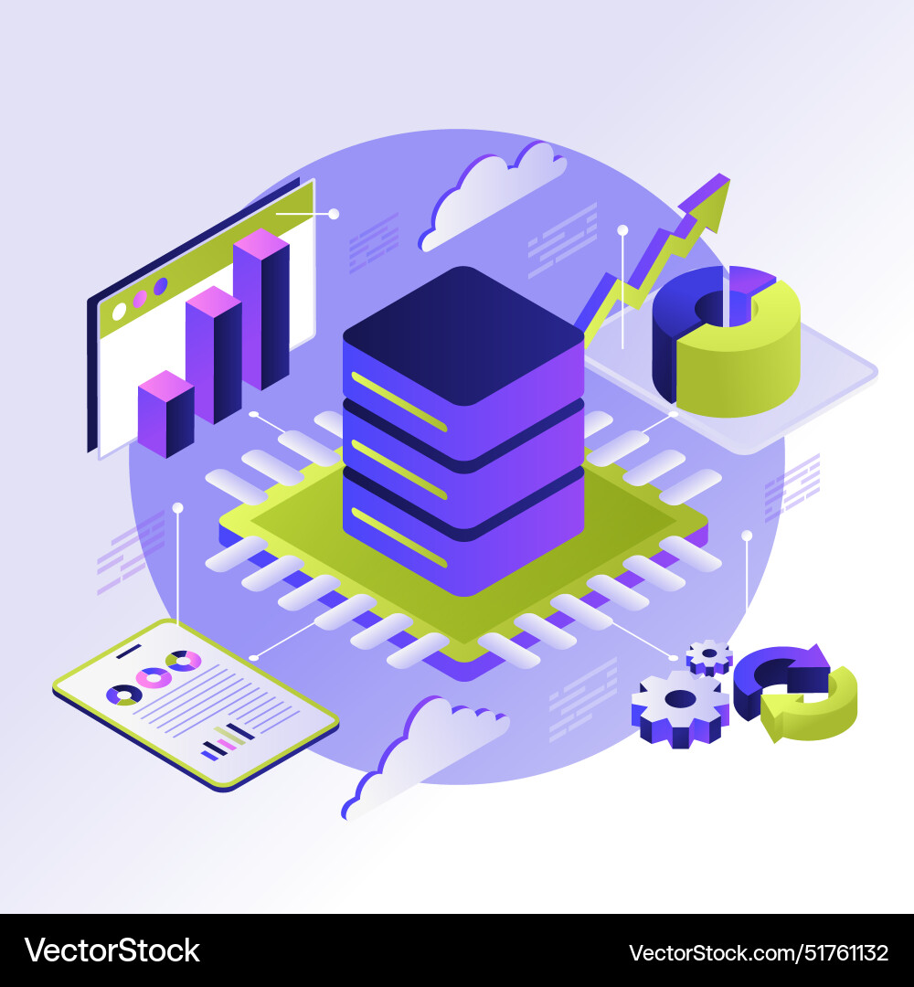 Isometric of a server with graphs Royalty Free Vector Image