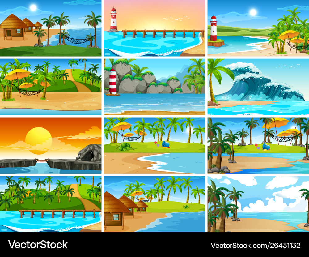 Set beach scenes Royalty Free Vector Image - VectorStock