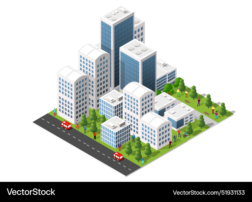 Modern isometric city center with people enjoying Vector Image